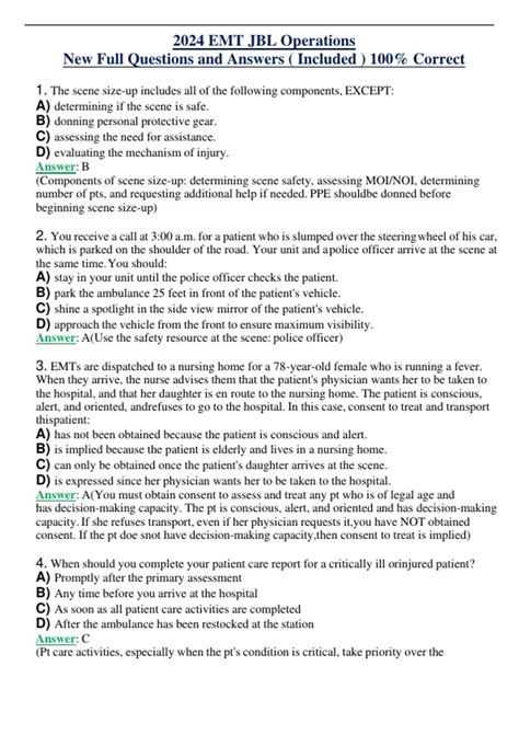 2024 EMT JBL Operations New Full Questions And Answers Included 100 Correct JBL