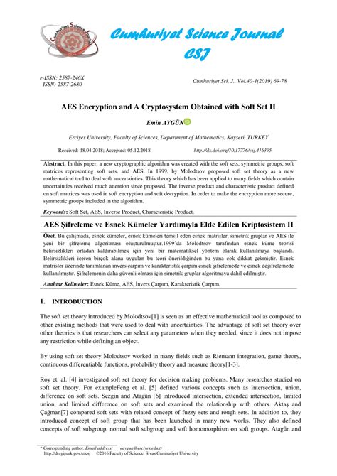 pdf aes encryption and a cryptosystem obtained with soft set ii