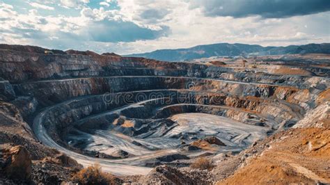 Deep Open Pit Mine With Terraced Layers And Dramatic Sky Views Stock