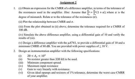 Solved Assignment Obtain An Expression For The CMRR Of A Difference Answer