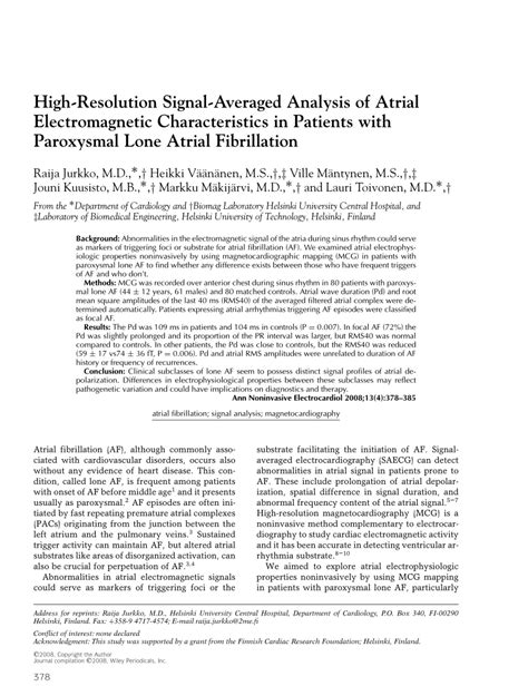 Pdf High Resolution Signal Averaged Analysis Of Atrial Electromagnetic Characteristics In