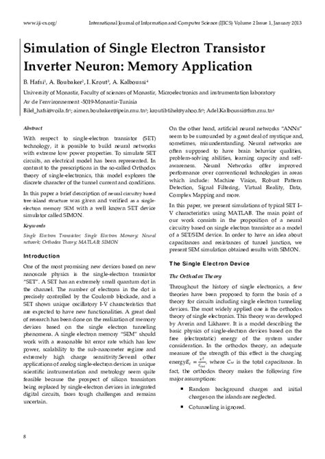 Pdf Simulation Of Single Electron Transistor Inverter Neuron Memory Application Co Sep