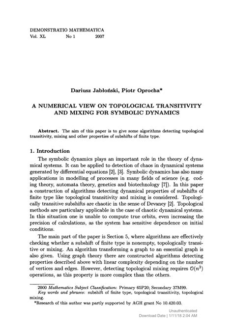 Pdf A Numerical View On Topological Transitivity And Mixing For Symbolic Dynamics