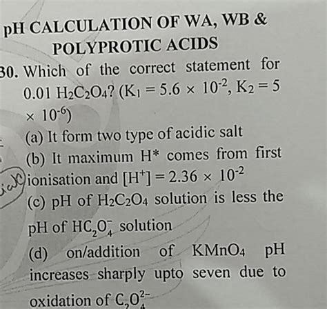 Ph Calculation Of Wa Wb And Polyprotic Acids 30 Which Of The Correct Sta