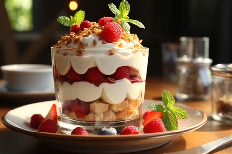 Premium Ai Image Greek Yogurt Parfait With Berries And Honey On Table With Kitchen Background