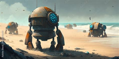 Beach Where Autonomous Trash Collecting Robots Patrol Shoreline Picking