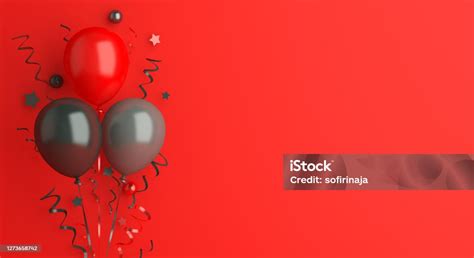 비행 풍선 빨간색색종이 복사 공간 텍스트 배너 템플릿 3d 렌더링 그림블랙 프라이데이 판매 배경 장식 빨강에 대한 스톡 사진 및 기타 이미지 Istock