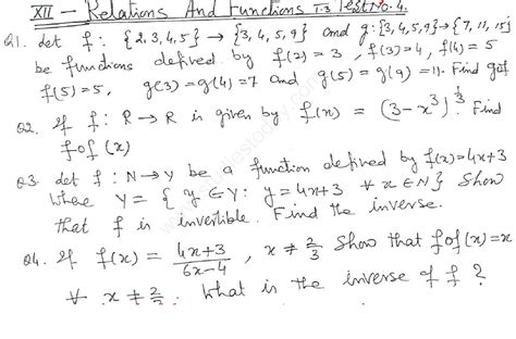 Cbse Class 12 Mathematics Relations And Functions Class Test Set J