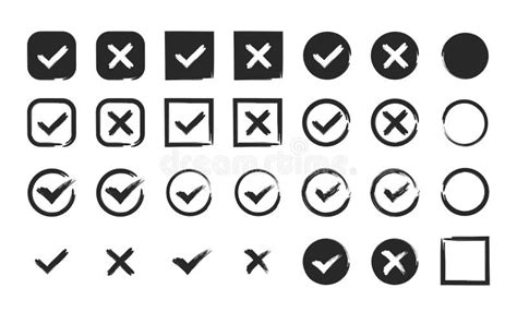 Hand Drawn Black Check Mark And Black Cross Icon Set Circle And Square