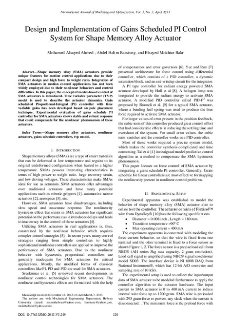 Pdf Design And Implementation Of Gains Scheduled Pi Control System For Shape Memory Alloy Actuator