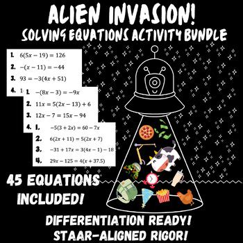 Alien Invasion Solving Equations Activity Bundle Differentiation STAAR Aligned