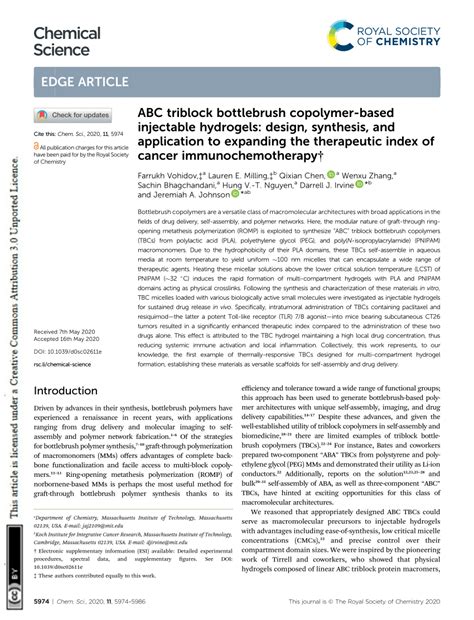 Pdf Abc Triblock Bottlebrush Copolymer Based Injectable Hydrogels