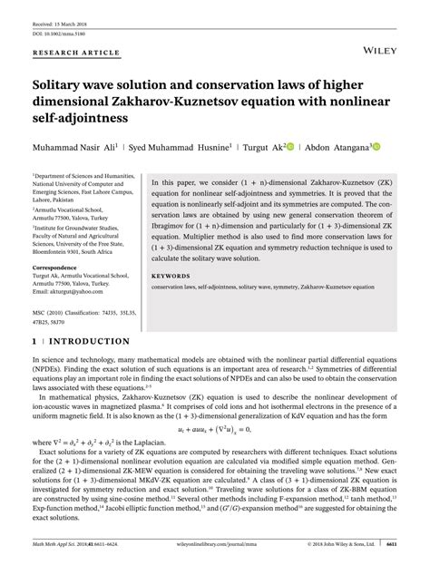 Pdf Solitary Wave Solution And Conservation Laws Of Higher Dimensional Zakharov Kuznetsov