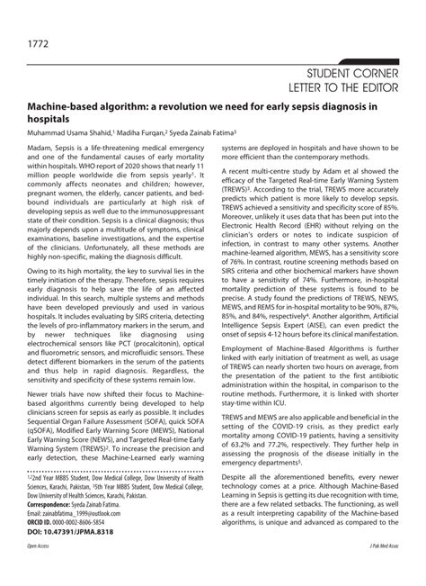 Pdf Machine Based Algorithm A Revolution We Need For Early Sepsis