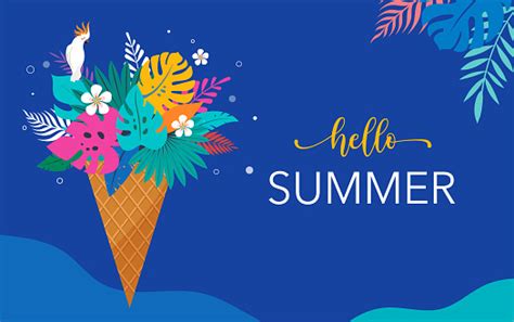 정글 이국적인 잎과 두칸으로 가득 아이스크림 콘 여름 장면 안녕하세요 여름 컨셉 일러스트레이션 배경 및 배너 개념에 대한 스톡 벡터 아트 및 기타 이미지 Istock