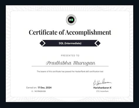 Pradhibha Murugan On Linkedin Sql Database Certification Continuouslearning Hackerrank