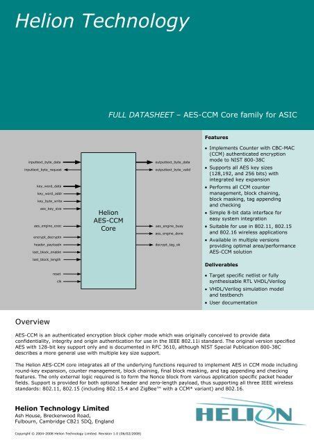 Aes Ccm Asic Core Datasheet Helion Technology Ltd