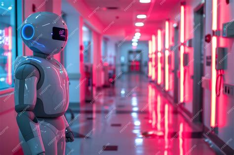 Futuristic Emergency Response Robot Navigating A Neonlit Corridor In A Modern Building Premium Futuristic Emergency Response Robot Navigating A Neonlit Corridor In A Modern Building Premium