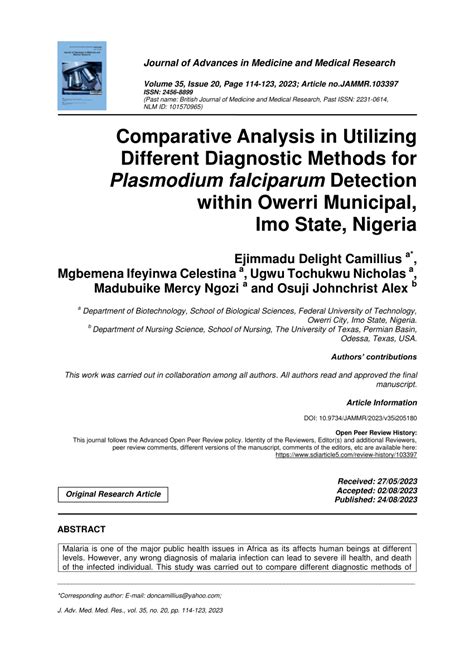 Pdf Comparative Analysis In Utilizing Different Diagnostic Methods For Plasmodium Falciparum