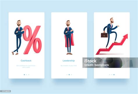 3d 일러스트레이션 세트입니다 사업가 빌리는 성공으로 간다 재정 성장의 개념 사업가 빌리와 큰 퍼센트 아이콘 개념 비즈니스 이자율입니다 빌리는 슈퍼 히어로처럼 옷을 입고