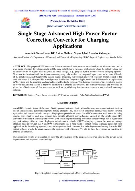 Pdf Single Stage Advanced High Power Factor Correction Converter For Charging Applications