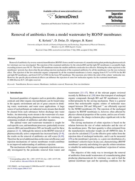 PDF Removal Of Antibiotics From A Model Wastewater By RO NF Membranes
