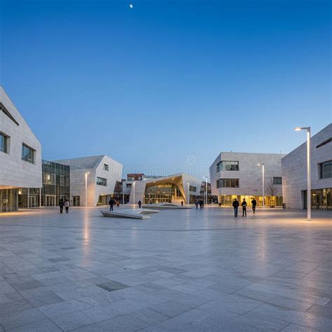 Modern Architectural Complex With Angular Buildings Made Of Light Colored Stone Or Stock