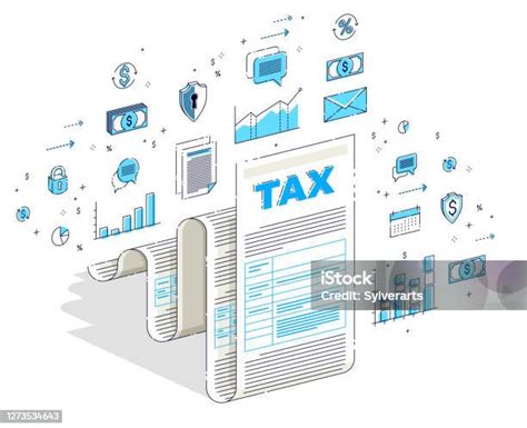 과세 개념 세금 양식 또는 종이 시트 법적 문서는 흰색 배경에 격리되어 있습니다 아이콘 통계 차트 및 디자인 요소와 Isometric 3d 벡터 금융 일러스트레이션 세금