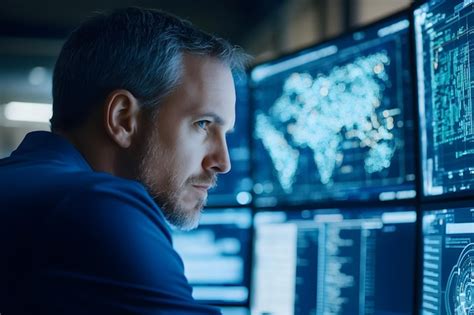 Close Up Photo Of Cybersecurity Analyst Intensely Monitoring Multiple
