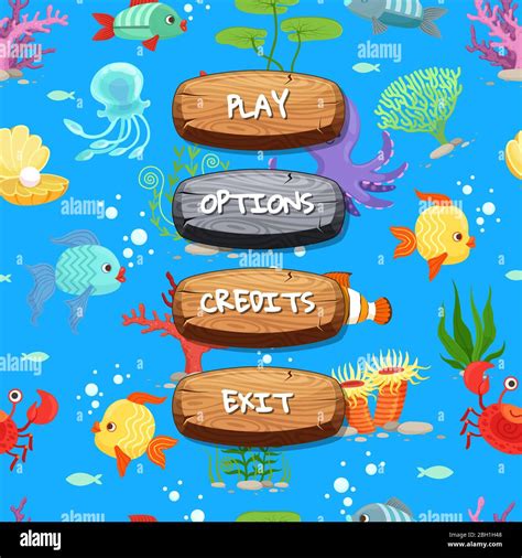 vector cartoon style wooden enabled and disabled buttons with text for game design on sealife
