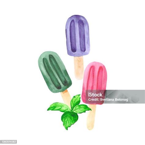 흰색 배경에 신선한 민트의 과일과 장식으로 만든 아이스크림 컬렉션 음식과 디저트에 관한 엽서 메뉴 및 포스터를 장식하기위한 수채화 그림 Popsicle Stick에 대한