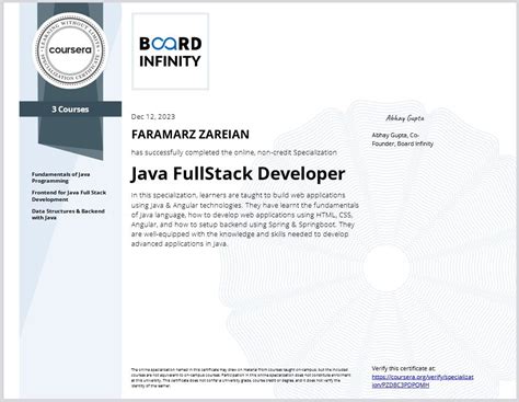 Faramarz Zareian On Linkedin Completion Certificate For Java Full Stack Developer Specialization