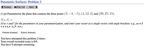 solved parameterize the plane that contains the three points