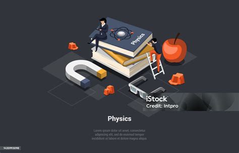 물리학 공부 주제 교육 및 과학의 개념 거대한 자석 근처의 책 더미에 앉아있는 여성 캐릭터 과학자는 전기 자기를 탐구합니다 아이소메트릭 3d 벡터 일러스트 레이 션 3차원