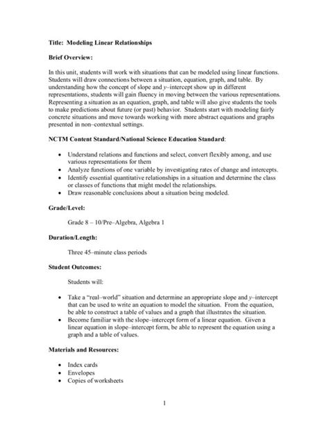 Modeling Linear Relationships Lesson Plan For 8th 10th Grade Lesson Planet
