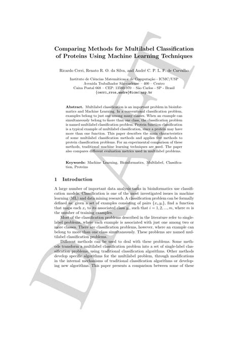 PDF Comparing Methods For Multilabel Classification Of Proteins Using Machine Learning Techniques