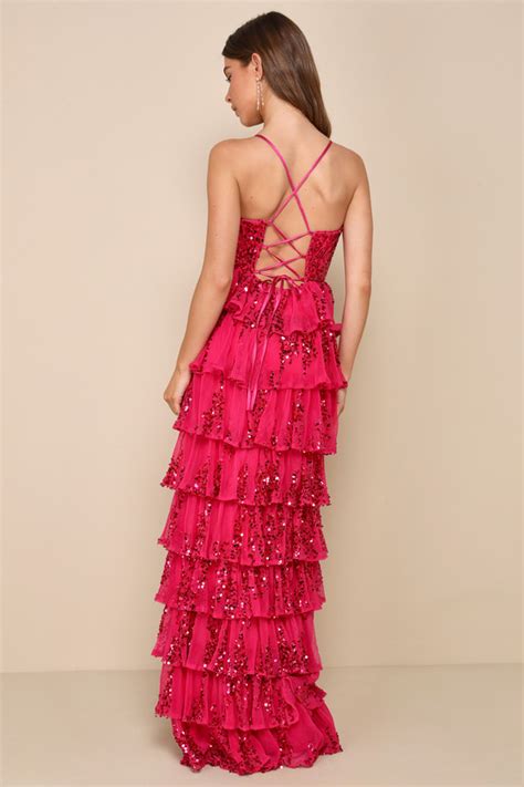 Magenta Maxi Dress Mesh Sequin Dress Lace Up Tiered Dress Lulus