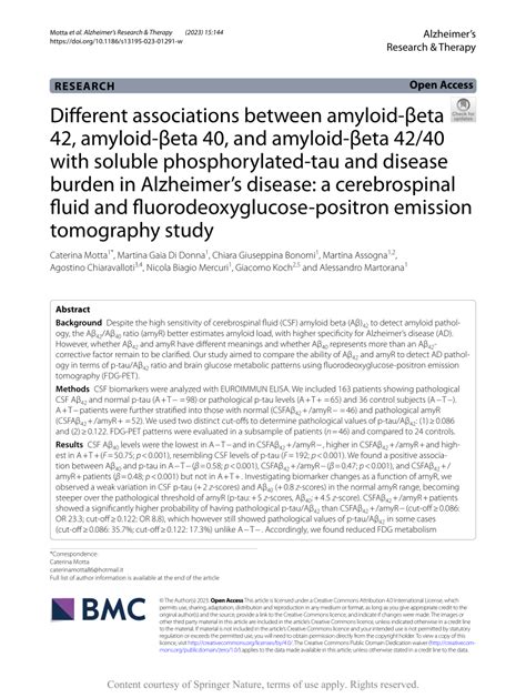 Pdf Different Associations Between Amyloid βeta 42 Amyloid βeta 40 And Amyloid βeta 42 40