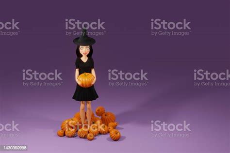 어두운 배경에 호박을 들고 모자를 쓴 마녀 할로윈 의상을 입은 여성 캐릭터 3d 렌더링 3차원 형태에 대한 스톡 사진 및 기타 이미지 3차원 형태 검은색 공포 무서움