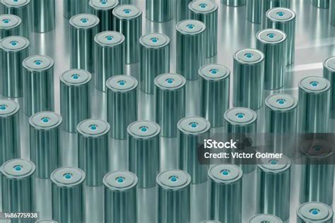 배터리 모듈용 Lot 리튬 트랙션 4680 축전지 양산 배터리 고전력 전기 자동차용 에너지 건식 전극 대체 에너지 개발 개념 3d 렌더링 배터리 전원에 대한 스톡 사진 및