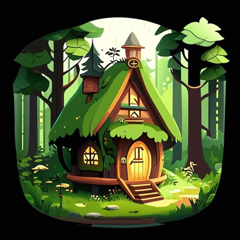 동화 숲 속의 작은 목조 주택 프리미엄 벡터
