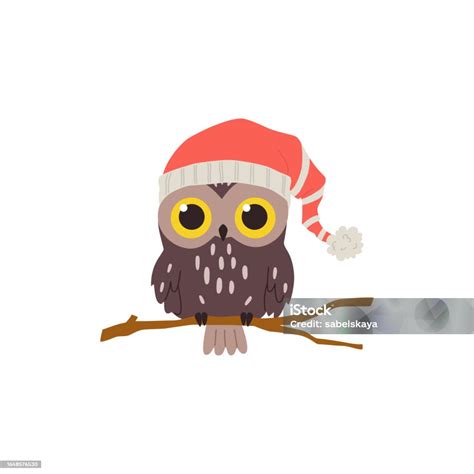 산타 클로스 모자를 쓴 귀여운 올빼미 흰색 배경에 분리된 만화 플랫 벡터 일러스트레이션 나뭇가지에 앉아 있는 사랑스러운 새 크리스마스와 겨울 방학의 상징입니다 모자를 쓴