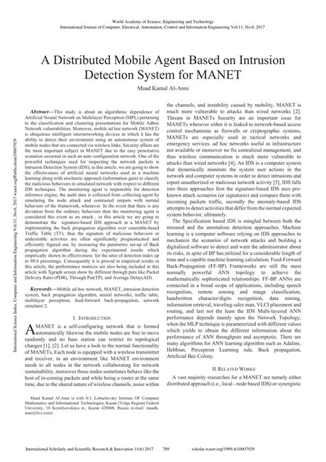 Pdf A Distributed Mobile Agent Based On Intrusion Detection System For Manet