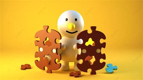 다채로운 직소 퍼즐 조각들은 3d로 렌더링된 밝은 노란색 배경에 있는 매력적인 갈색 닭고기 달걀 캐릭터를 둘러싸고 있습니다 계란 배경 음식 캐릭터 직소 퍼즐 배경