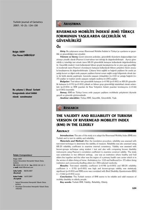 Pdf The Validity And Reliability Of Turkish Version Of Rivermead Mobility Index Rmi In The