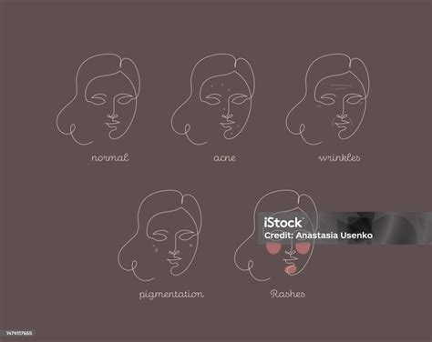 피부 타입 인포그래픽 벡터 한 줄 현대 그림 세트입니다 여드름 주름이 있는 여성 얼굴 아바타 색소 침착 발진 문제 색상 기호
