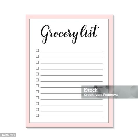 식료품 목록 종이 페이지입니다 쇼핑 목록 시트 템플릿입니다 주최자 노트북 식사 플래너 레시피 카드 등을위한 디자인의 벡터 요소를 쉽게 편집 할 수 있습니다 가방에 대한 스톡