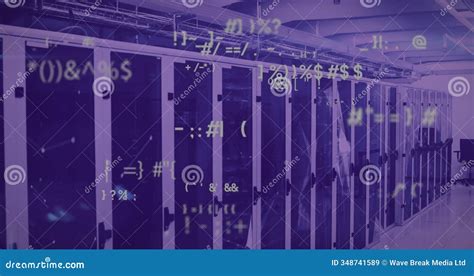 Symbols And Coding Image Over Server Racks In Data Center Stock Image