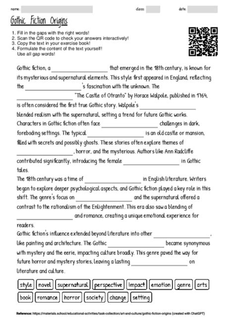 Worksheet With The Topic Gothic Fiction Origins Materials School