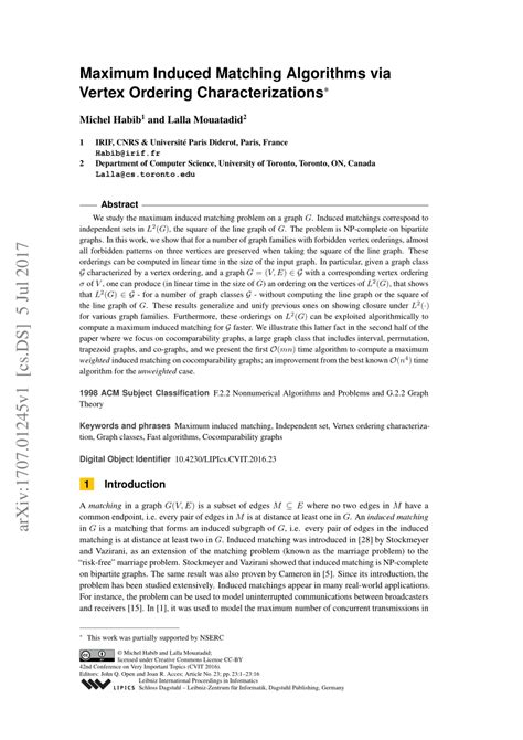 Pdf Maximum Induced Matching Algorithms Via Vertex Ordering